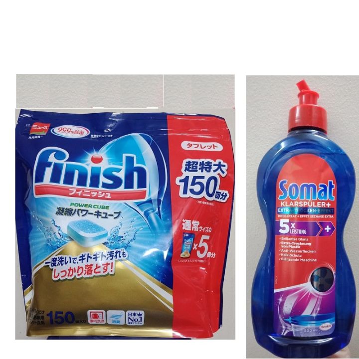 combo viên rửa bát Finish Nhât túi 150 viên và chai nước làm bóng Somat ...