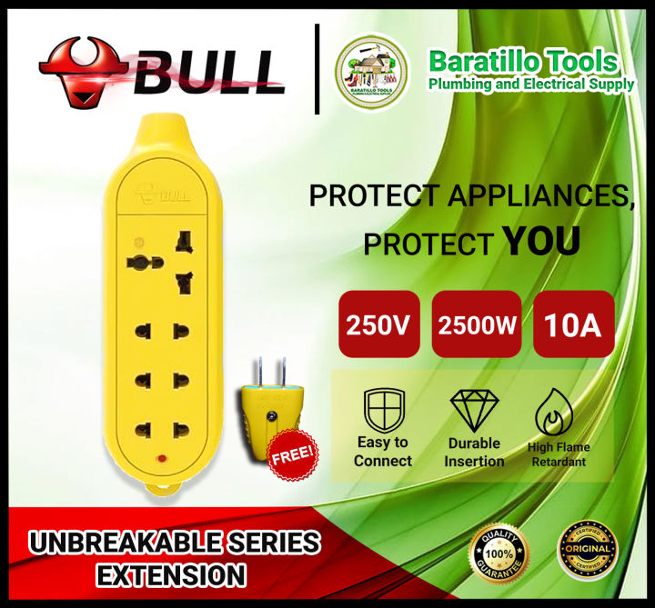 HEAVY DUTY Bull Unbreakable 4 Outlet + FREE Unbreakable Plug | Lazada PH