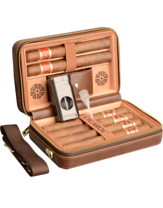 Premium Leather Travel Cigar Humidor with Lighter CIGAROL UP TO 6 ...