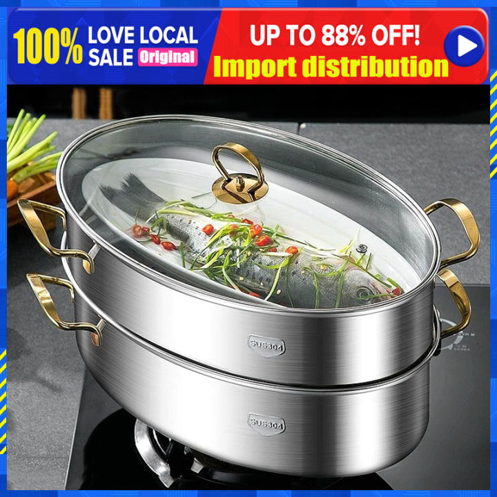 Double layer 304 stainless steel steamed fish pot Household large ...