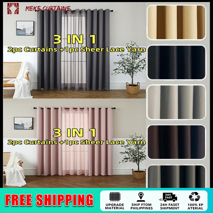 Curtain Set 3in1 Blackout Curtains (2pc Blackout Curtains+1pc Sheer ...