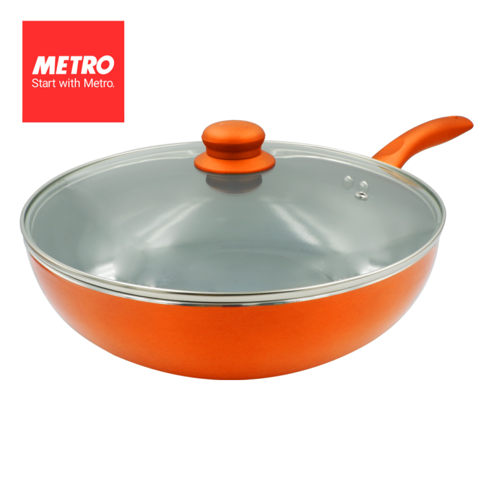 Metro Cookwares Pressed Wok with Glass Lid Salmon 30cm Titanium ...