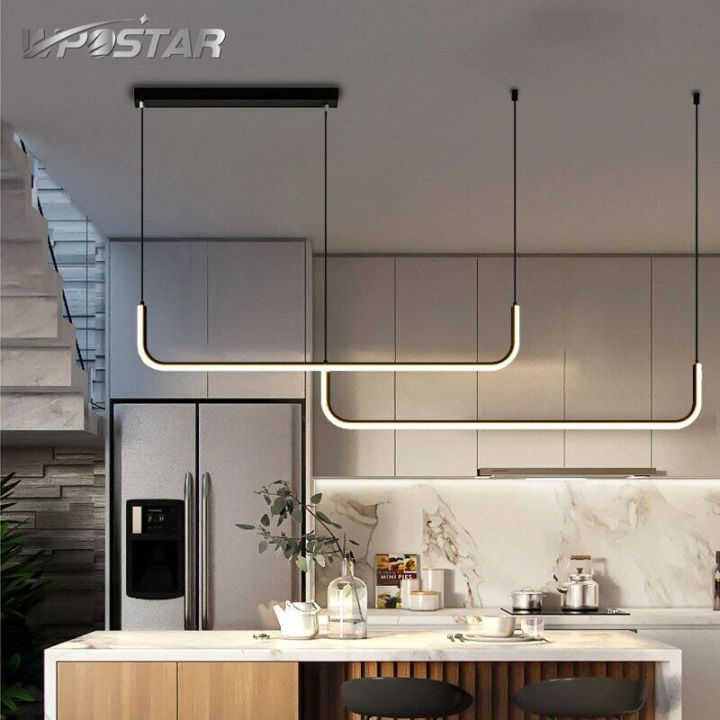 New LED Pendant Light Modern Minimalist Black Chandelier Kitchen Long ...