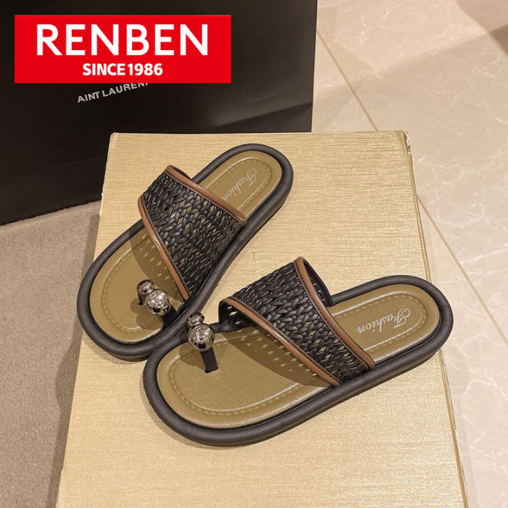 RENBEN รองเท้าแตะผู้หญิงหัวกลมสีเข้ากันไม่ลื่นทุกรองเท้าแตะใส่สบาย | Lazada.co.th