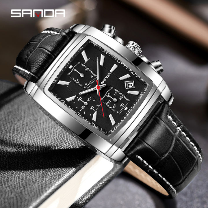 SANDA Men's Business Chronograph Rectangle Quartz Watch Stylish Leather ...