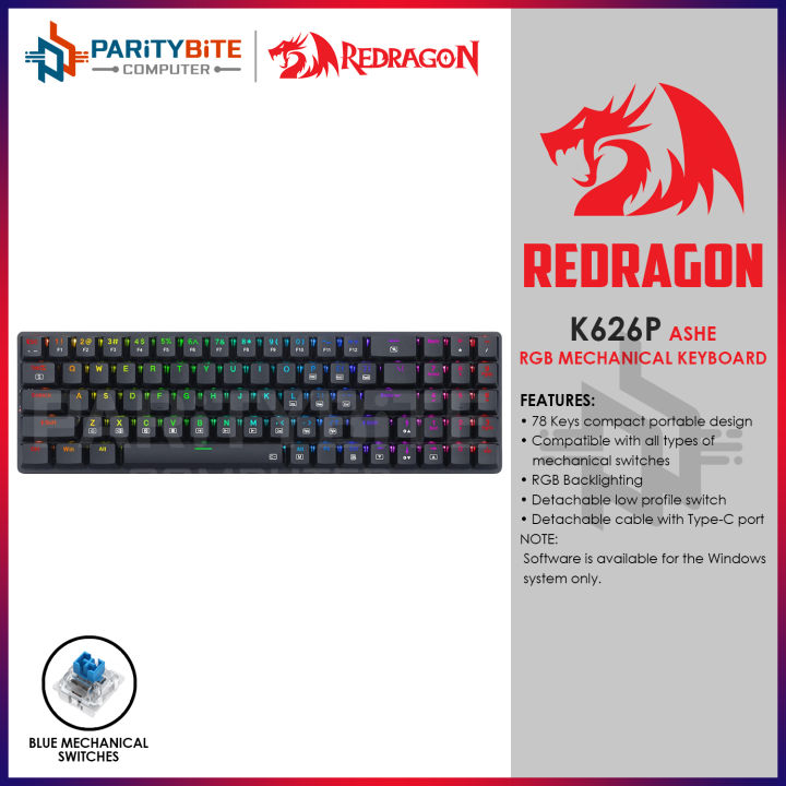 Redragon Ashe Pro K626P TKL78 RGB, black Blue Switch low profile wired ...