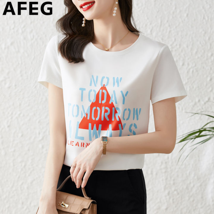 AFEG เสื้อยืดแขนสั้นผ้าคอตตอนเย็บปักพิมพ์ลายตัวอักษรทรงหลวมแฟชั่นคอกลม ...