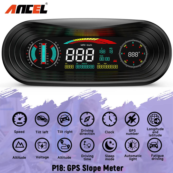 Ancel P18 Car GPS HUD Head Up Digital Display Slope Meter Clock Driving ...