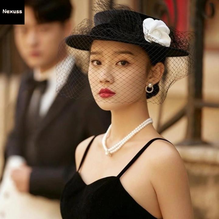 NEXUS Bow Funerals Hat Camellia Mesh Mourning Cap Elegant Hepburn Style ...
