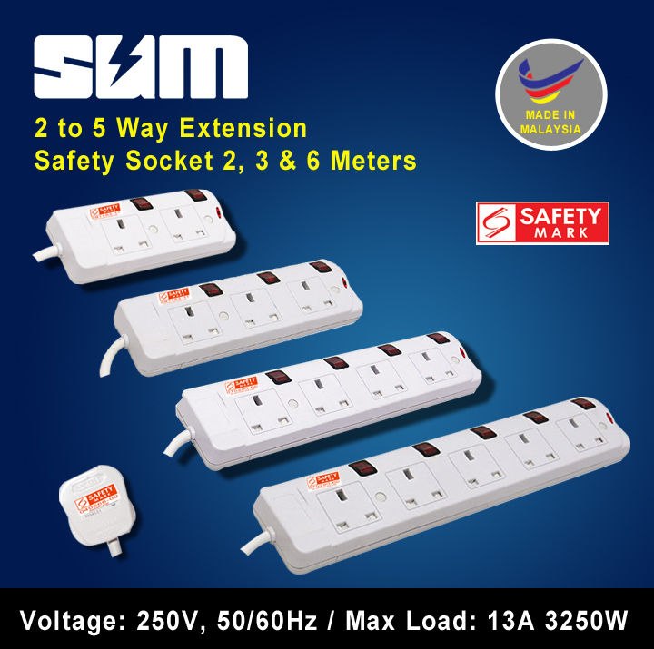 SUM 2 to 5 Way Extension Socket with Safety Mark (2, 3 & 6Meter ...