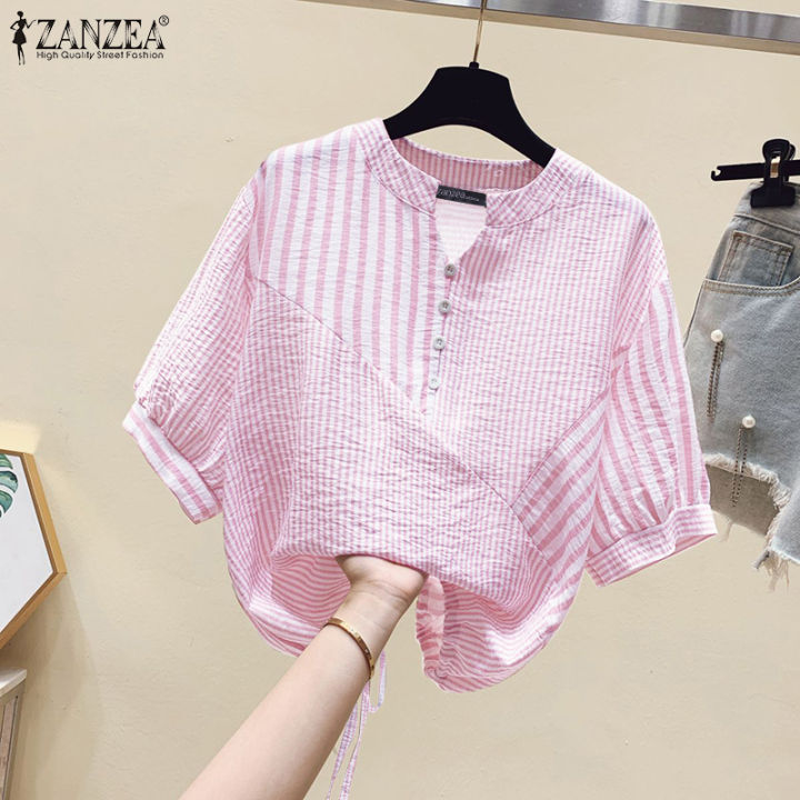 ZANZEA Women's Shirt New Fahsion Summer Half Sleeve V-Neck Casual Loose ...
