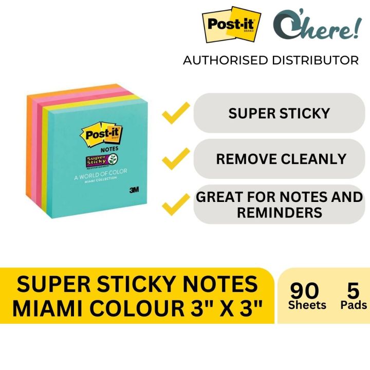 3M Post-it Super Sticky Miami Colour Notes 3x3'', 90 Sheets/Pad, 5 Pads ...