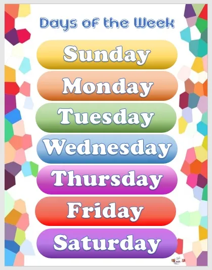 Laminated Chart Days of the week, Educational Chart for kids (size 8.5 ...