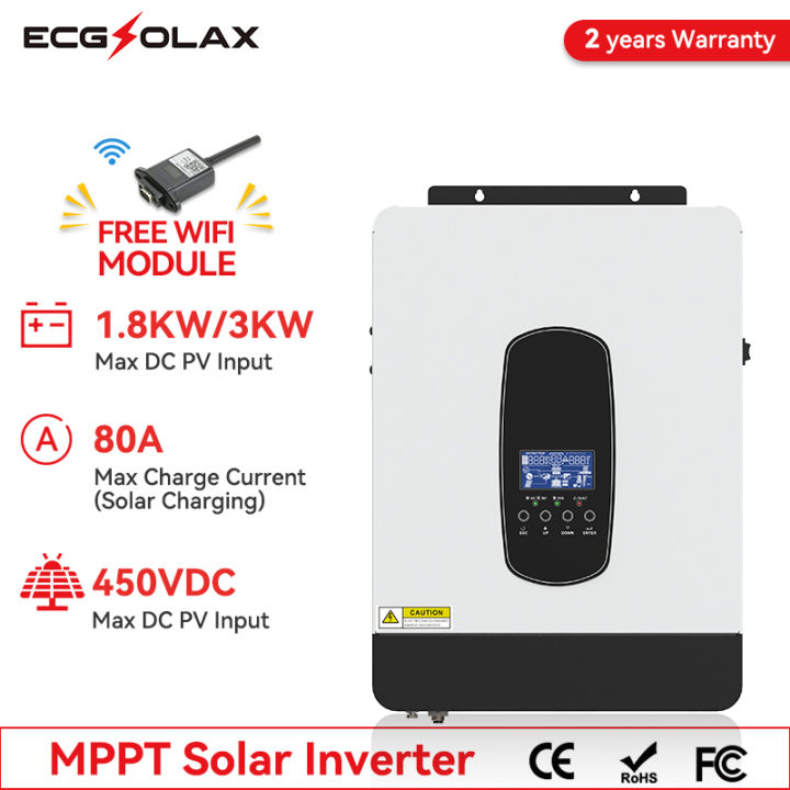 ECGSOLAX Hybrid Solar Inverter 12V/24V 3KW 1.8KW Inverter Off Grid Built in 80A MPPT Controller ...