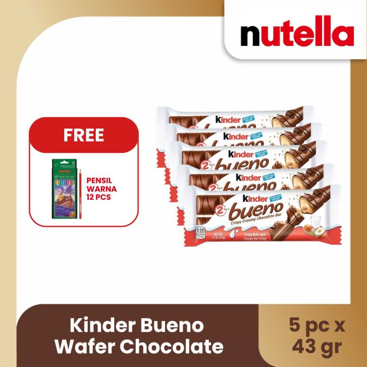 Kinder Bueno Wafer Chocolate 43gr - 5pcs FREE Pensil Warna | Lazada ...