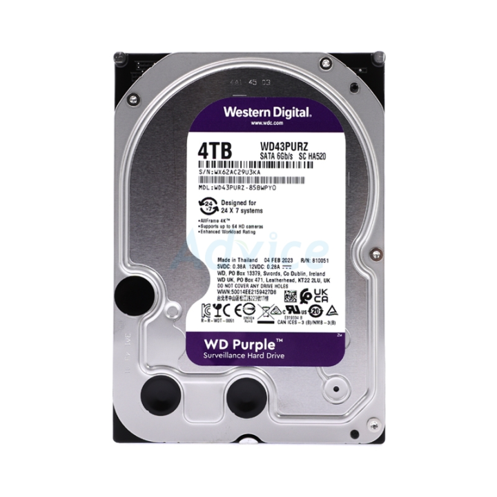 4 TB HDD CCTV WD PURPLE (5400RPM, 256MB, SATA-3,WD43PURZ) | Lazada.co.th