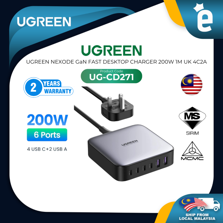 UGREEN CD271 NEXODE 200W GAN USB-C + USB-A 6 PORTS UK PLUG DESKTOP FAST ...