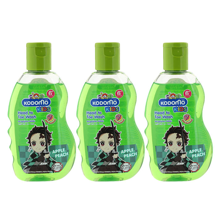 โคโดโม แชมพูอาบน้ำ เฮดทูโท กลิ่นแอปเปิ้ลพีช สีเขียว 100 มล. x 3 (KODOMO Shampoo & Soap Kids Head ...