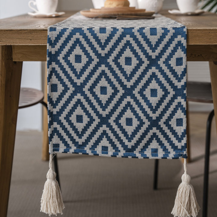 Nordic Jacquard Blue Orange Green Yellow Table Runner Geometric Tassel ...