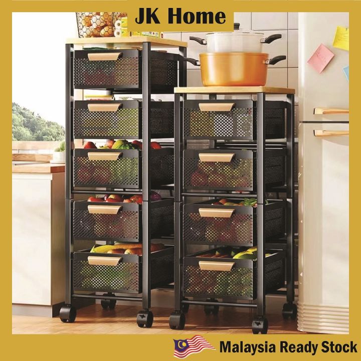 JK HOME 5 Tier Utility Wood Trolley With Wheels Sliding Rack Drawer ...