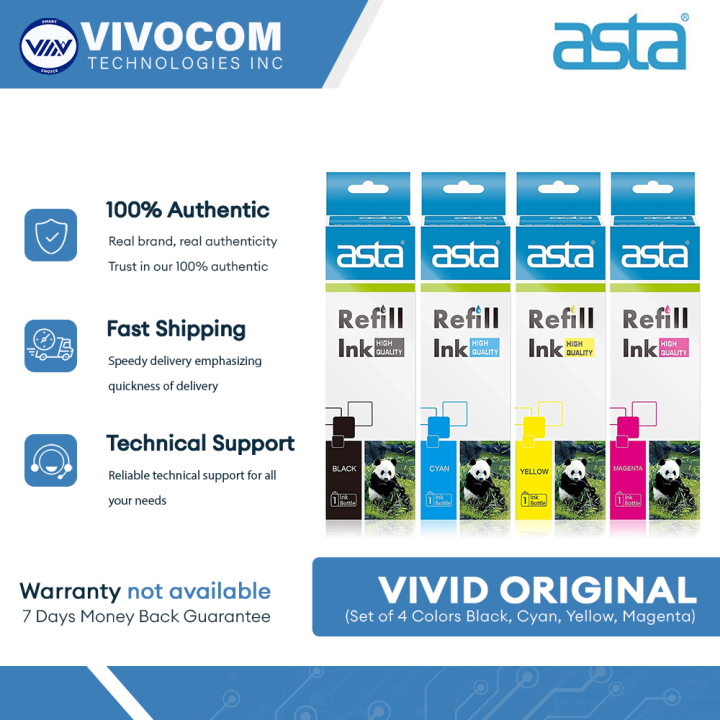 ASTA Vivid High Quality Refill Ink for EPSON CISS Printers 100ml. (Set ...