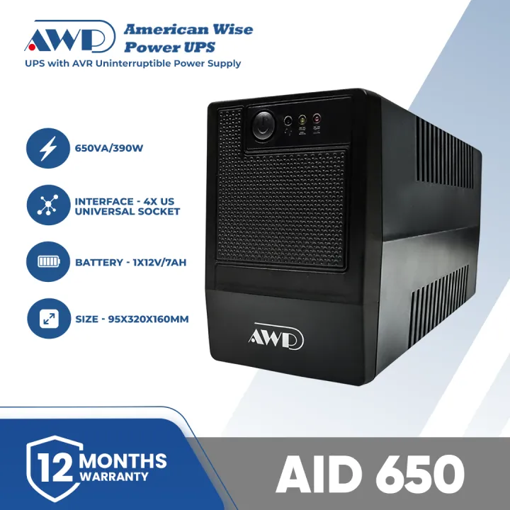 AWP AID650 Aide 390W-650VA UPS with AVR Uninterruptible Power Supply (4 ...