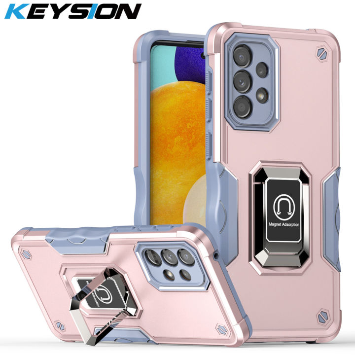 KEYSION Shockproof Armor Case for Samsung A53 A73 A33 5G A23 Silicone+PC Metal Ring Stand Phone ...