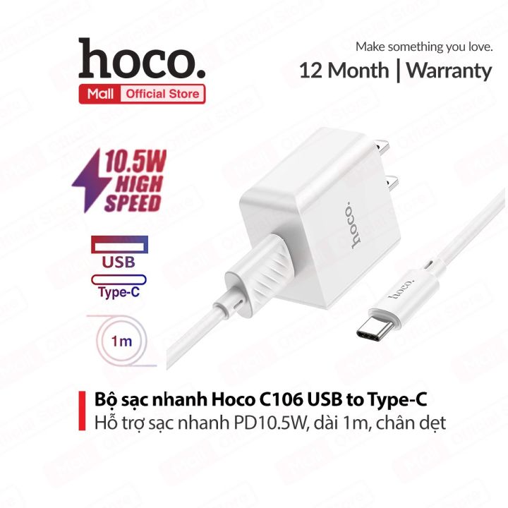 Bộ sạc nhanh PD10.5W Hoco C106 hỗ trợ 5V/2.1A chân cắm dẹt kèm dây Type-C dài 1M cho Android ...