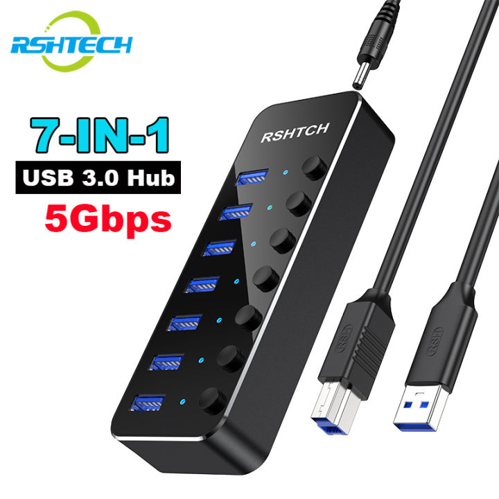 RSHTECH R518 USB 3.0 Hub 7 Port Powered USB Hub Expander Aluminum USB3.0 Data Port Hubs with ...
