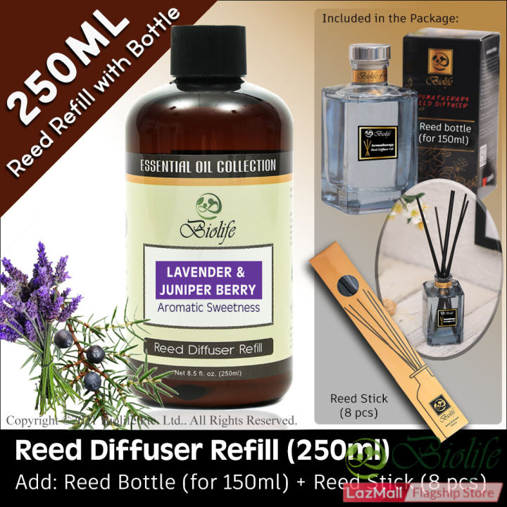 Biolife Lavender & Juniper Berry scent Reed Diffuser Refill (250ml) with glass reed diffuser and ...
