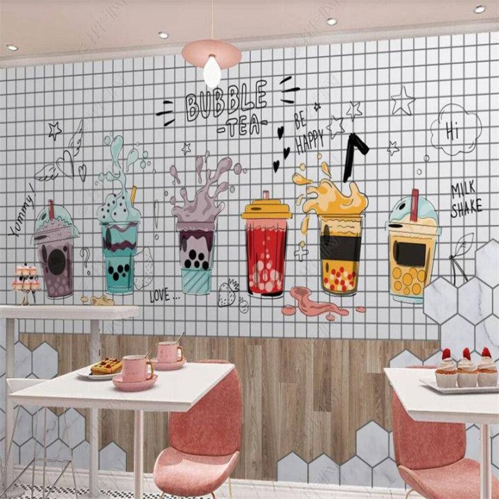 Custom Nordic hand-painted milk tea shop dessert shop tooling wallpaper ...