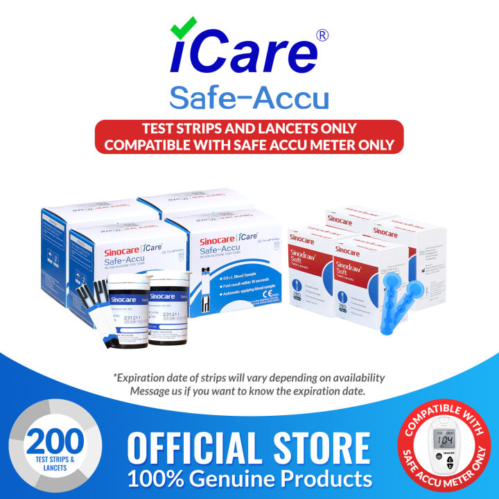 iCare T200 Safe-Accu Glucose Test (200pcs Test Strip+200pcs Lancets ...