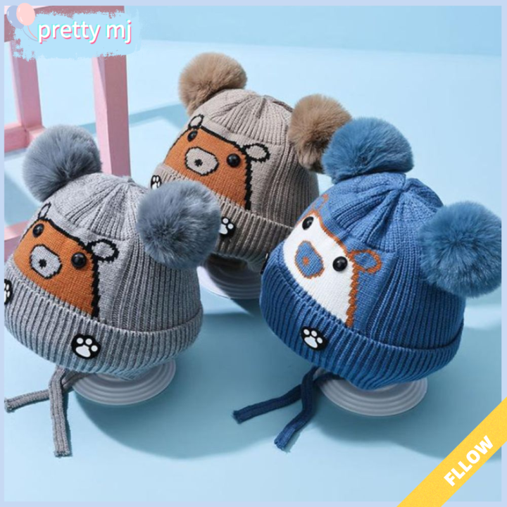 PRETTY MJ ถักนิตติ้ง ที่ปิดหูกันหนาวสำหรับเด็กในฤดูหนาว หนาขึ้น ลูกบอลผ้าพลัฌ หมวกป้องกันหู หู ...