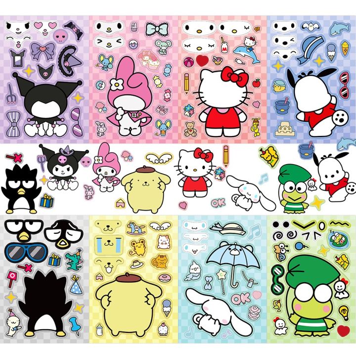 8 Sheets/set hello kitty sanrio Stickers DIY Sticker Make A Face Assemble Jigsaw puzzle kids ...