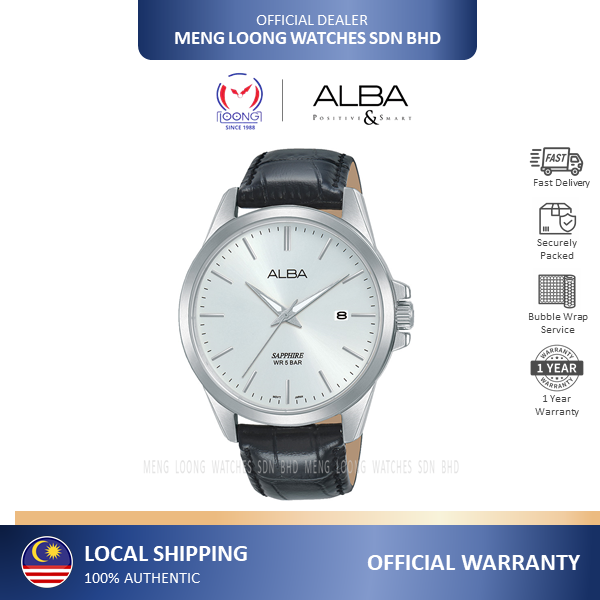ALBA Men Watch AS9J15x Leather Black Strap Date Analog Sapphire Glass ...