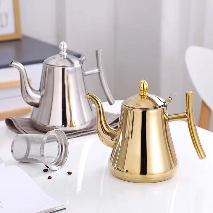 2021 1L Thick Stainless Steel Teapot Golden Silver Tea Pot with Infuser ...
