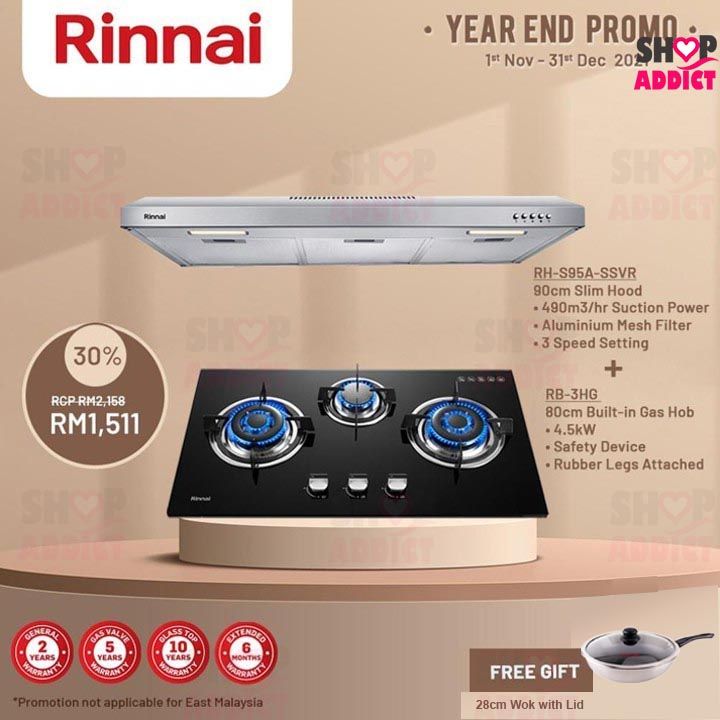 Rinnai RH-S95A-SSVR 3-Speed Setting Cooker Hood + RB-3HG 3 Burner Built-in Gas Hob | Lazada