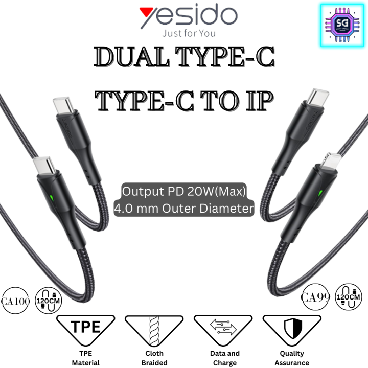 Yesido Dual Type-C And Type-C To iP Cable [CA99/CA100] | Lazada