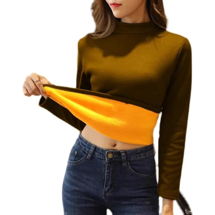 Thick Warm Winter Fleece-Lined Round Neck T-Shirt for Women Plus Size ...
