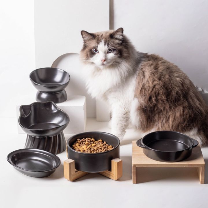 Cat Black Ceramic Bowl Pet Food Water Feeders Dogs Double Drinking ...