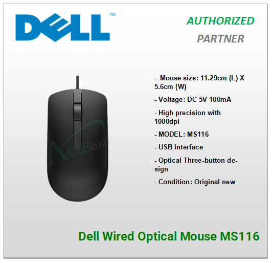 DELL MS116 Optical Wired Mouse USB 3-Button Optical Mouse | Lazada