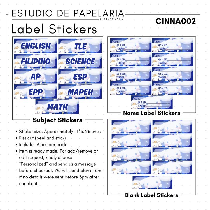 Estudio | Cinnamoroll Inspired Subject and name sticker | Lazada PH