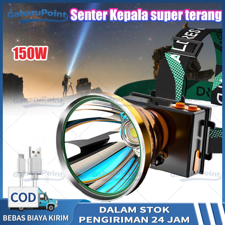 Senter Kepala Led Putih150W 4800mAh TAHAN 50 JAM/Senter Kepala Led 150 ...