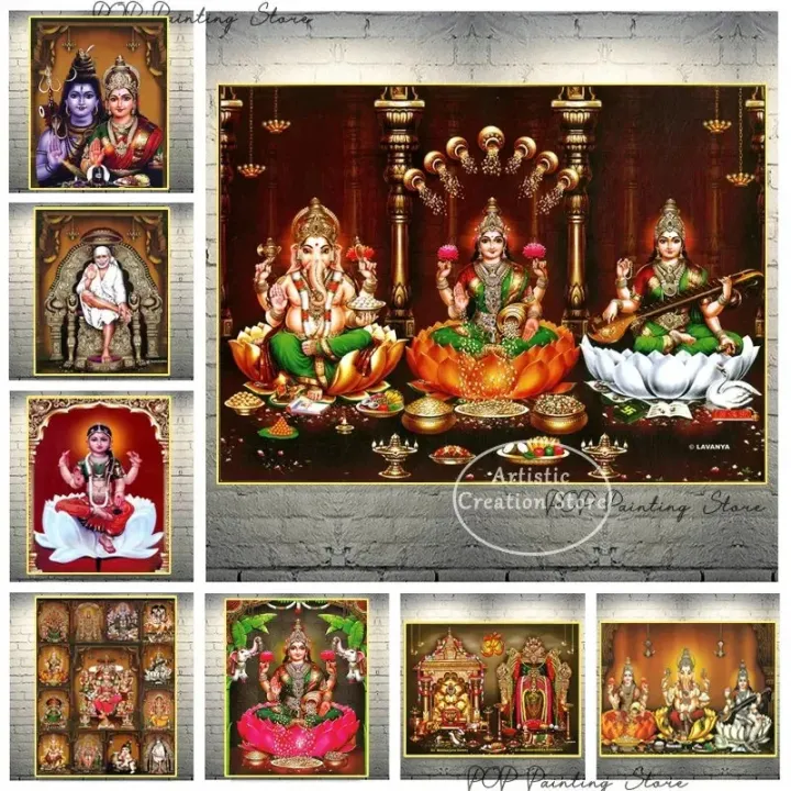 Hindu Religious Gods Poster Ganesha Krishna Shiva Parvati Paintings ...
