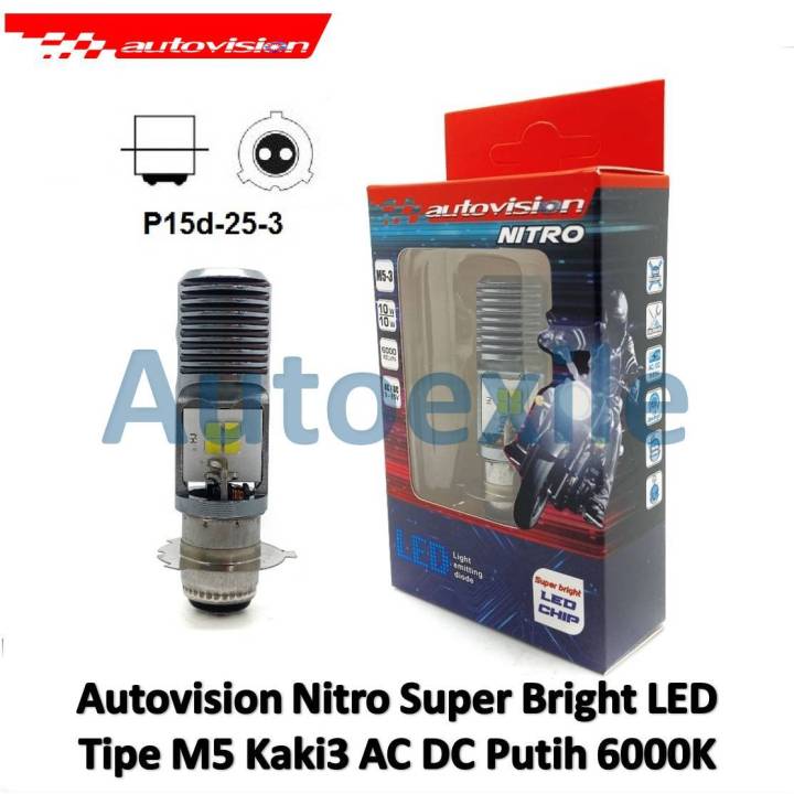 Autovision Nitro Super Bright LED H6 M5 Kaki3 P15d-25-3 AC DC White Putih 6000K M5-3 Original ...