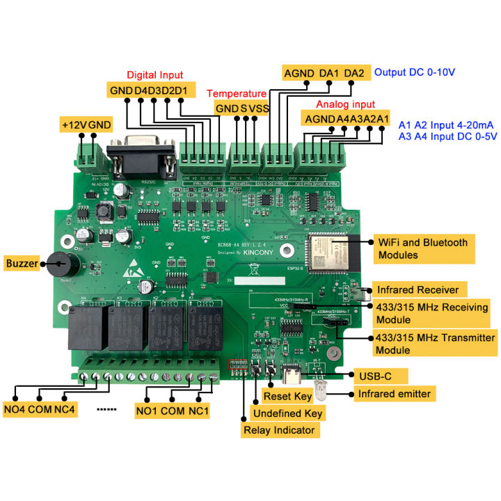 Kincony A4 Smart Home Automation Esp32 Wifi Rs232 Usb Relay Module Mqtt Tcp Web Esphome