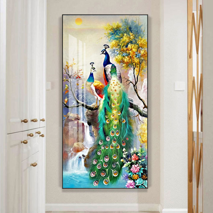 Chinese Style Peacock Animal Canvas Painting Home Porch Wall Decor ...