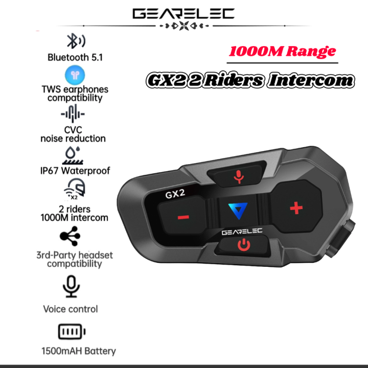 GEARELEC GX2 Motorcycle Helmet Intercom Headset 2 Rider 1000m Wireless ...
