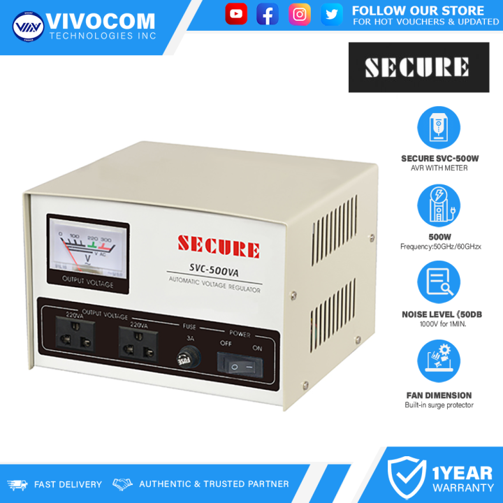 SECURE 500W (SVC-500W) SERVO-TYPE AVR W/ METER 2-UNIVERSAL SOCKETS ...