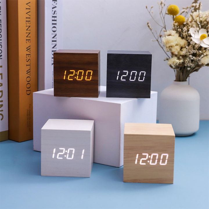 Digital Mini Size Wooden Cube Alarm Clock with LED Voice control Sensor ...